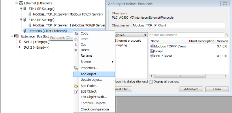 Configuration of Modbus TCP/IP client
