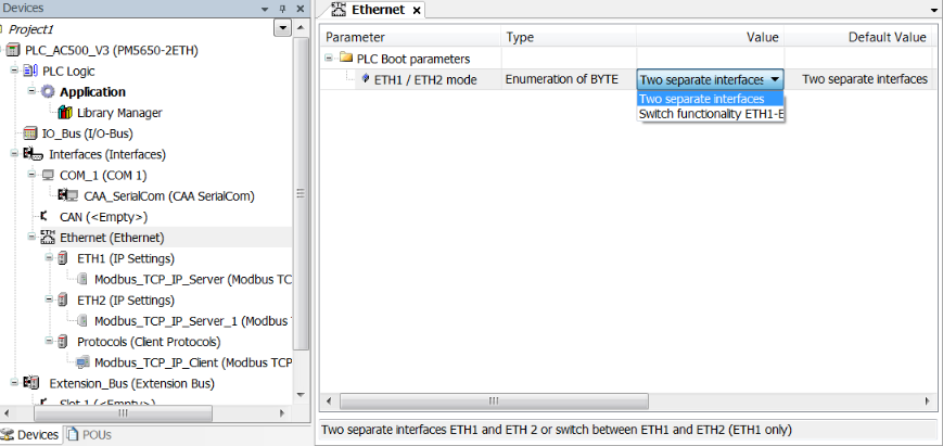 Switch functionality of Ethernet interfaces ETH1/ETH2